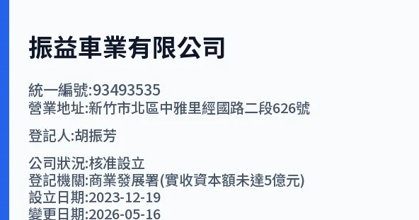 振益車業有限公司的照片-統編 93493535(新竹市) 公司登記資料與營業項目詳細圖表