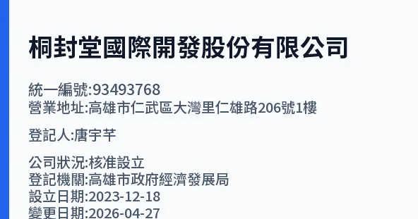 桐封堂國際開發股份有限公司的照片-統編 93493768(高雄市) 公司登記資料與營業項目詳細圖表