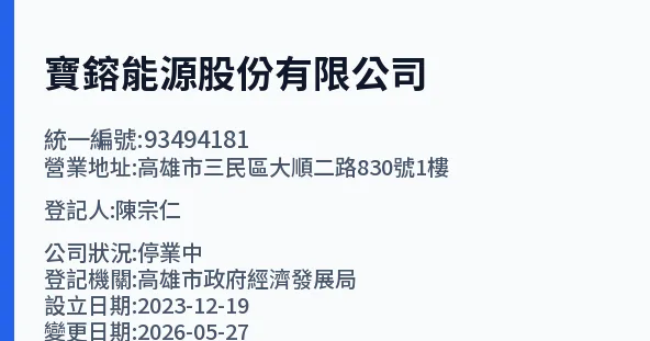 寶鎔能源股份有限公司的照片-統編 93494181(高雄市) 公司登記資料與營業項目詳細圖表