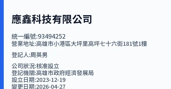 應鑫科技有限公司的照片-統編 93494252(高雄市) 公司登記資料與營業項目詳細圖表