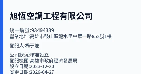 旭恆空調工程有限公司的照片-統編 93494339(高雄市) 公司登記資料與營業項目詳細圖表