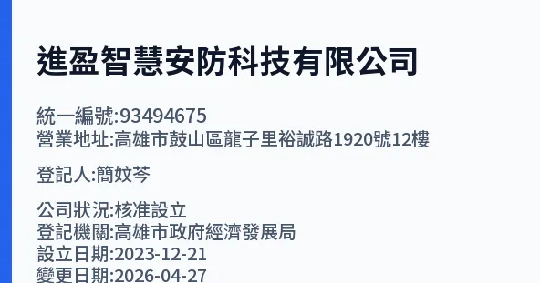 進盈智慧安防科技有限公司的照片-統編 93494675(高雄市) 公司登記資料與營業項目詳細圖表