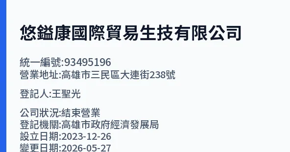 悠鎰康國際貿易生技有限公司的照片-統編 93495196(高雄市) 公司登記資料與營業項目詳細圖表
