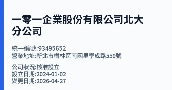 一零一企業股份有限公司北大分公司的照片-統編 93495652(新北市) 公司登記資料與營業項目詳細圖表