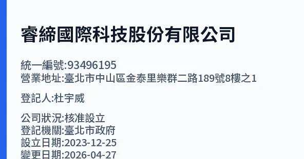 睿締國際科技股份有限公司的照片-統編 93496195(臺北市) 公司登記資料與營業項目詳細圖表
