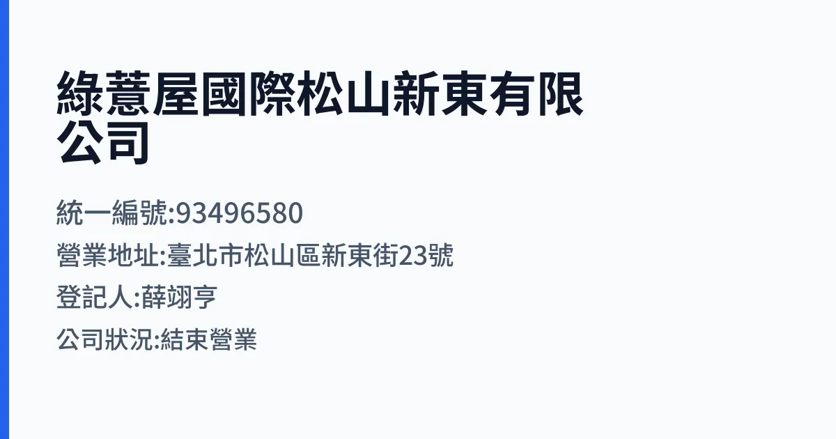 綠薏屋國際松山新東有限公司 - 統編 93496580(臺北市) 公司登記資料與營業項目詳細圖表