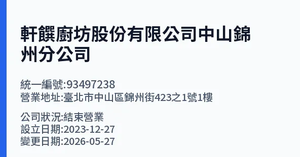 軒饌廚坊股份有限公司中山錦州分公司的照片-統編 93497238(臺北市) 公司登記資料與營業項目詳細圖表