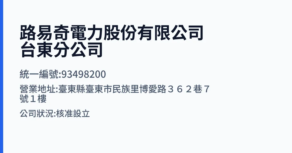 路易奇電力股份有限公司台東分公司 - 統編 93498200(臺東縣) 公司登記資料與營業項目詳細圖表