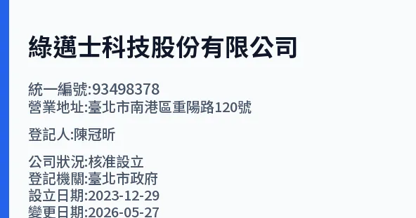 綠邁士科技股份有限公司的照片-統編 93498378(臺北市) 公司登記資料與營業項目詳細圖表