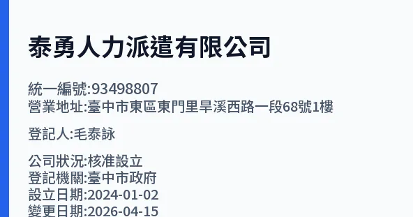 泰勇人力派遣有限公司的照片-統編 93498807(臺中市) 公司登記資料與營業項目詳細圖表