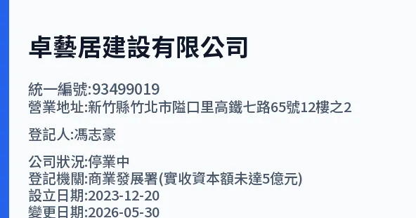 卓藝居建設有限公司的照片-統編 93499019(新竹縣) 公司登記資料與營業項目詳細圖表