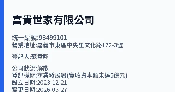 富貴世家有限公司的照片-統編 93499101(嘉義市) 公司登記資料與營業項目詳細圖表