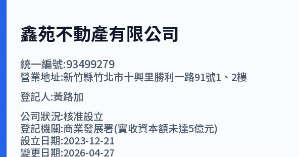 鑫苑不動產有限公司的照片-統編 93499279(新竹縣) 公司登記資料與營業項目詳細圖表