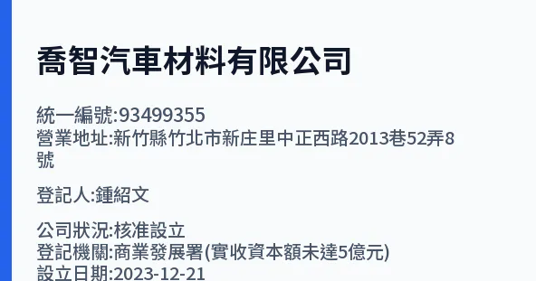 喬智汽車材料有限公司的照片-統編 93499355(新竹縣) 公司登記資料與營業項目詳細圖表