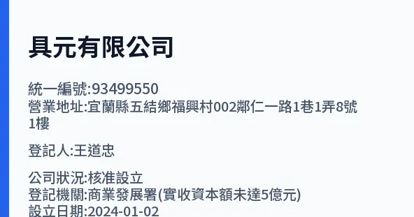 具元有限公司的照片-統編 93499550(宜蘭縣) 公司登記資料與營業項目詳細圖表