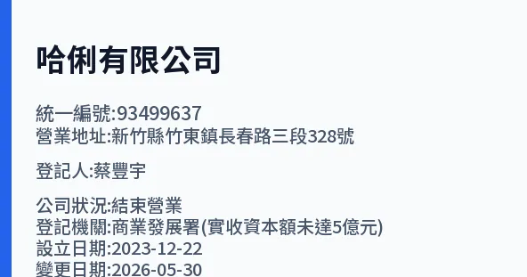 哈俐有限公司的照片-統編 93499637(新竹縣) 公司登記資料與營業項目詳細圖表