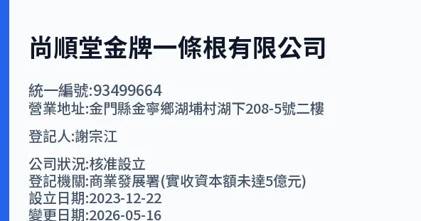 尚順堂金牌一條根有限公司的照片-統編 93499664(金門縣) 公司登記資料與營業項目詳細圖表