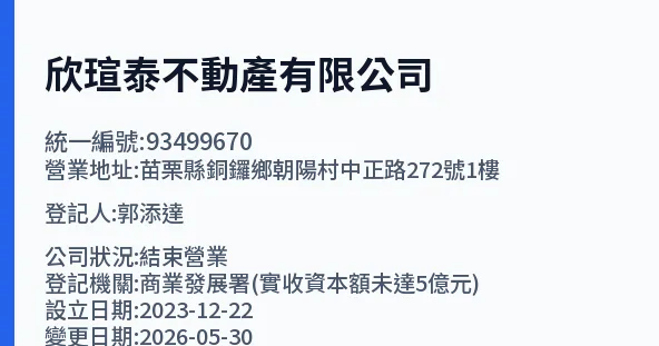 欣瑄泰不動產有限公司的照片-統編 93499670(苗栗縣) 公司登記資料與營業項目詳細圖表