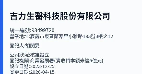 吉力生醫科技股份有限公司的照片-統編 93499720(嘉義市) 公司登記資料與營業項目詳細圖表