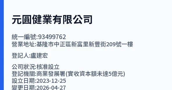 元圓健業有限公司的照片-統編 93499762(基隆市) 公司登記資料與營業項目詳細圖表