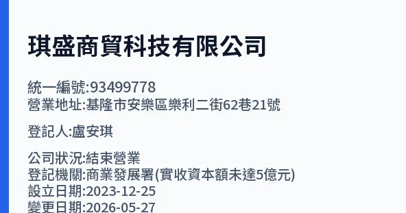 琪盛商貿科技有限公司的照片-統編 93499778(基隆市) 公司登記資料與營業項目詳細圖表