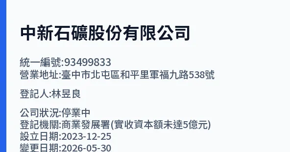 中新石礦股份有限公司的照片-統編 93499833(臺中市) 公司登記資料與營業項目詳細圖表