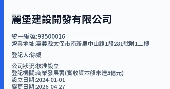 麗堡建設開發有限公司的照片-統編 93500016(嘉義縣) 公司登記資料與營業項目詳細圖表