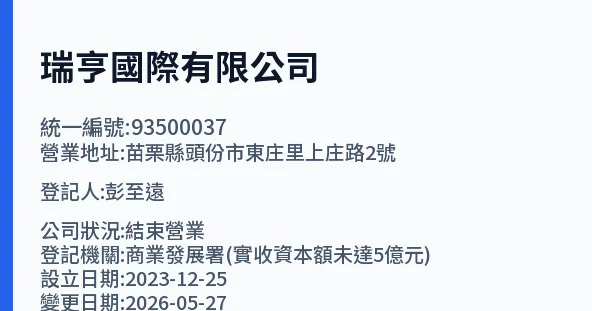 瑞亨國際有限公司的照片-統編 93500037(苗栗縣) 公司登記資料與營業項目詳細圖表