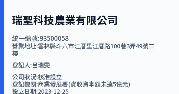 瑞聖科技農業有限公司的照片-統編 93500058(雲林縣) 公司登記資料與營業項目詳細圖表