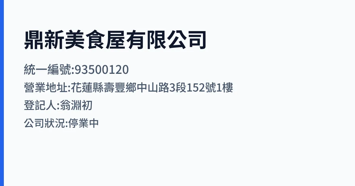 鼎新美食屋有限公司 - 統編 93500120(花蓮縣) 公司登記資料與營業項目詳細圖表