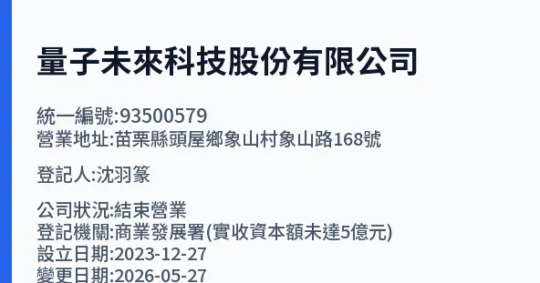 量子未來科技股份有限公司的照片-統編 93500579(苗栗縣) 公司登記資料與營業項目詳細圖表