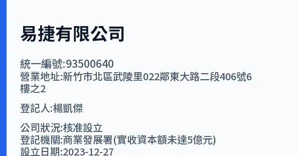 易捷有限公司的照片-統編 93500640(新竹市) 公司登記資料與營業項目詳細圖表