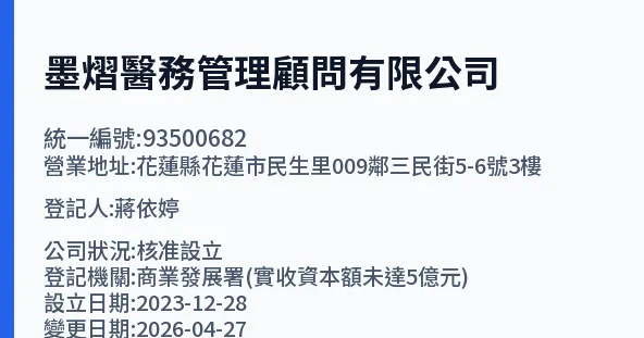 墨熠醫務管理顧問有限公司的照片-統編 93500682(花蓮縣) 公司登記資料與營業項目詳細圖表