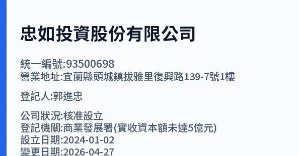 忠如投資股份有限公司的照片-統編 93500698(宜蘭縣) 公司登記資料與營業項目詳細圖表