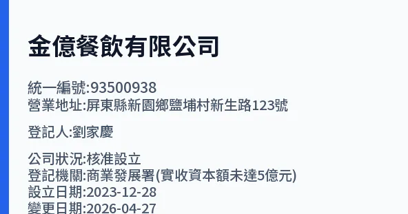 金億餐飲有限公司的照片-統編 93500938(屏東縣) 公司登記資料與營業項目詳細圖表
