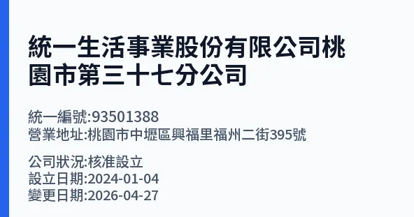 統一生活事業股份有限公司桃園市第三十七分公司的照片-統編 93501388(桃園市) 公司登記資料與營業項目詳細圖表