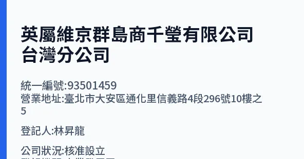 英屬維京群島商千瑩有限公司台灣分公司的照片-統編 93501459(臺北市) 公司登記資料與營業項目詳細圖表