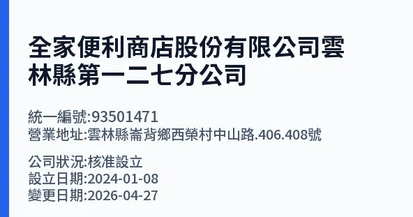 全家便利商店股份有限公司雲林縣第一二七分公司的照片-統編 93501471(雲林縣) 公司登記資料與營業項目詳細圖表