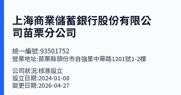 上海商業儲蓄銀行股份有限公司苗栗分公司的照片-統編 93501752(苗栗縣) 公司登記資料與營業項目詳細圖表