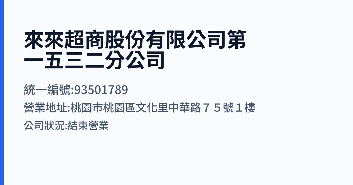 來來超商股份有限公司第一五三二分公司 - 統編 93501789(桃園市) 公司登記資料與營業項目詳細圖表