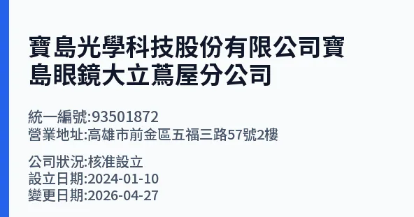 寶島光學科技股份有限公司寶島眼鏡大立蔦屋分公司的照片-統編 93501872(高雄市) 公司登記資料與營業項目詳細圖表
