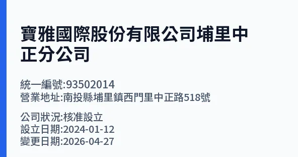 寶雅國際股份有限公司埔里中正分公司的照片-統編 93502014(南投縣) 公司登記資料與營業項目詳細圖表