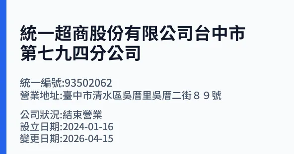 統一超商股份有限公司台中市第七九四分公司的照片-統編 93502062(臺中市) 公司登記資料與營業項目詳細圖表