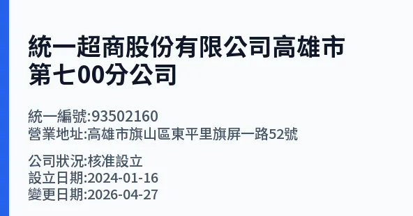 統一超商股份有限公司高雄市第七00分公司的照片-統編 93502160(高雄市) 公司登記資料與營業項目詳細圖表