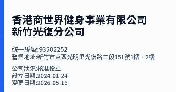 香港商世界健身事業有限公司新竹光復分公司的照片-統編 93502252(新竹市) 公司登記資料與營業項目詳細圖表