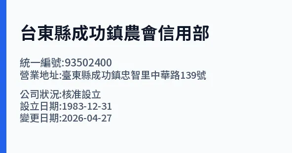 台東縣成功鎮農會信用部的照片-統編 93502400(臺東縣) 公司登記資料與營業項目詳細圖表