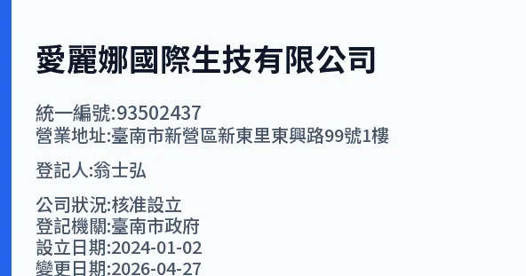 愛麗娜國際生技有限公司的照片-統編 93502437(臺南市) 公司登記資料與營業項目詳細圖表