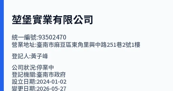 堃堡實業有限公司的照片-統編 93502470(臺南市) 公司登記資料與營業項目詳細圖表