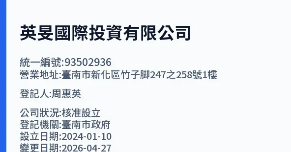 英旻國際投資有限公司的照片-統編 93502936(臺南市) 公司登記資料與營業項目詳細圖表