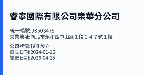 睿寧國際有限公司樂華分公司的照片-統編 93503479(新北市) 公司登記資料與營業項目詳細圖表